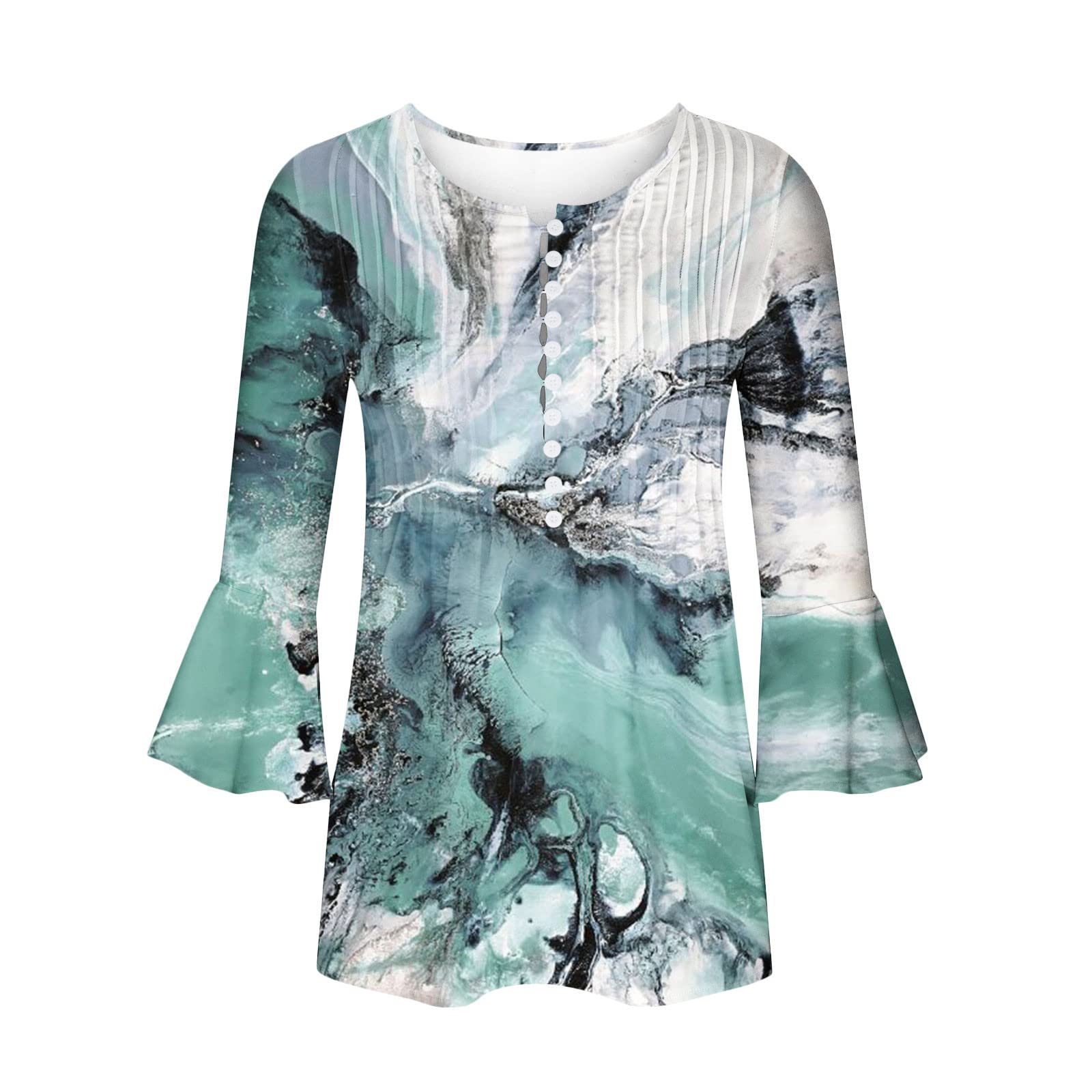 SMIDOW Three Quarter Bell Sleeve Tops for Women Fashion Summer Tunic Shirt 3/4 Sleeve Henley v Neck Boho Floral Tshirt Blouse