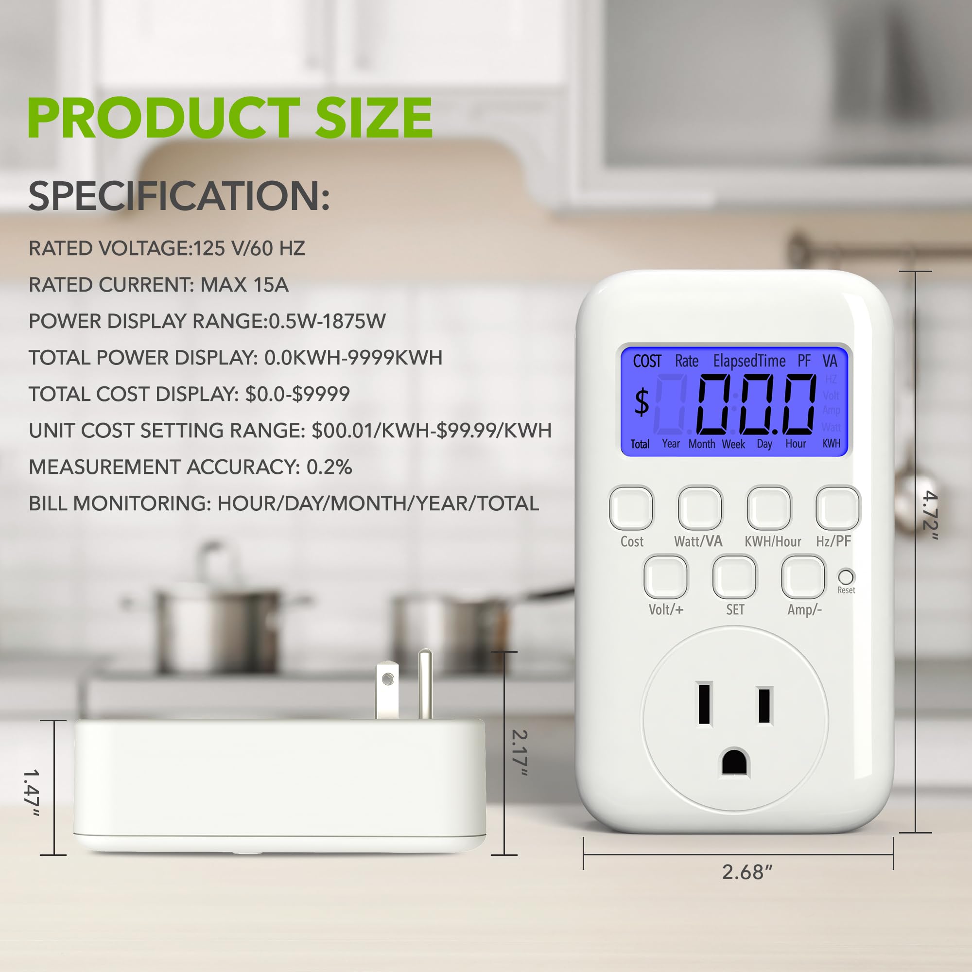 HBN Watt Meter Plug with Backlight, Plug-in Socket Power Meter Electricity Usage Monitor Consumption Home Electrical Energy Monitor, Voltage Amps Wattage Electricity Usage Tester, 9 Display Modes