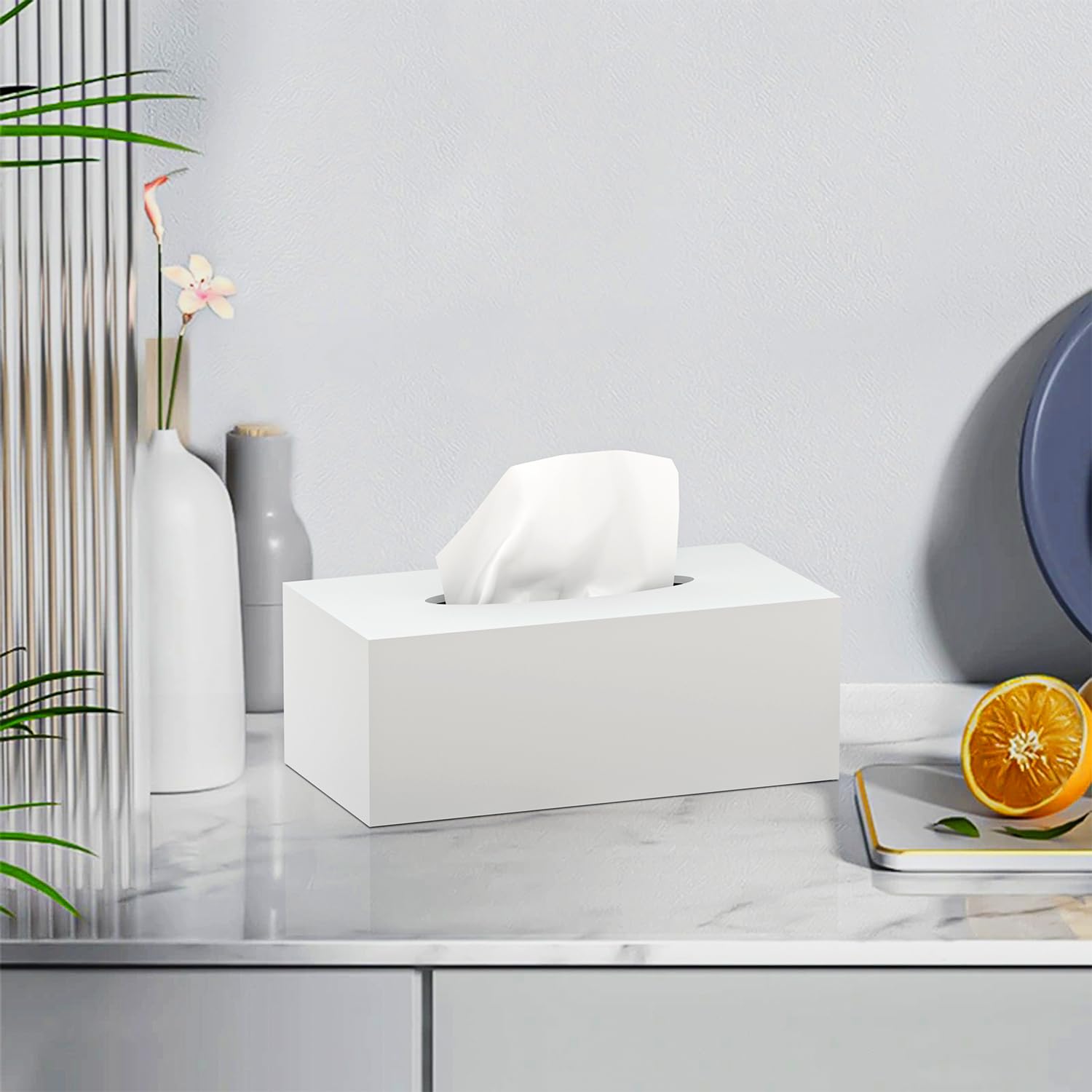 Acrylic Tissue Box Cover Rectangle, PITBVO White Tissue Box Holder, Facial Napkin Dispenser for Bathroom Kitchen Bedroom Office Hotel Use Shiny White
