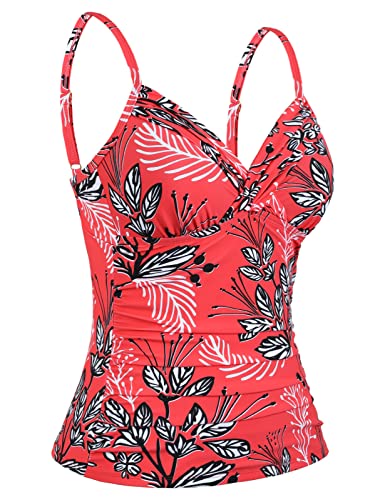 coastal rose Womens Swim Top Ruched Tummy Control Tankini Top Front Cross V Neck Bathing Suit Tops Only US14 Red Floral