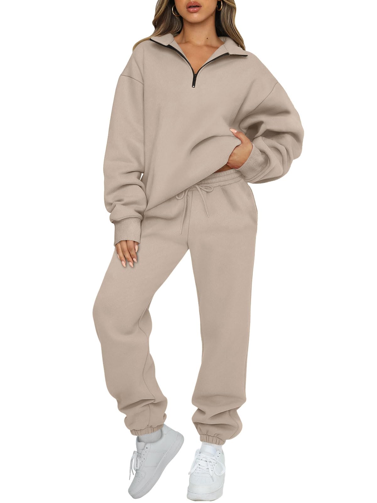 AUTOMET Women's Sweatsuits 2 Piece Outfits Long Sleeve Half Zip Pullover and Baggy Sweatpants with Pockets CoffeeGrey XL