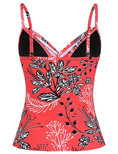 coastal rose Womens Swim Top Ruched Tummy Control Tankini Top Front Cross V Neck Bathing Suit Tops Only US14 Red Floral