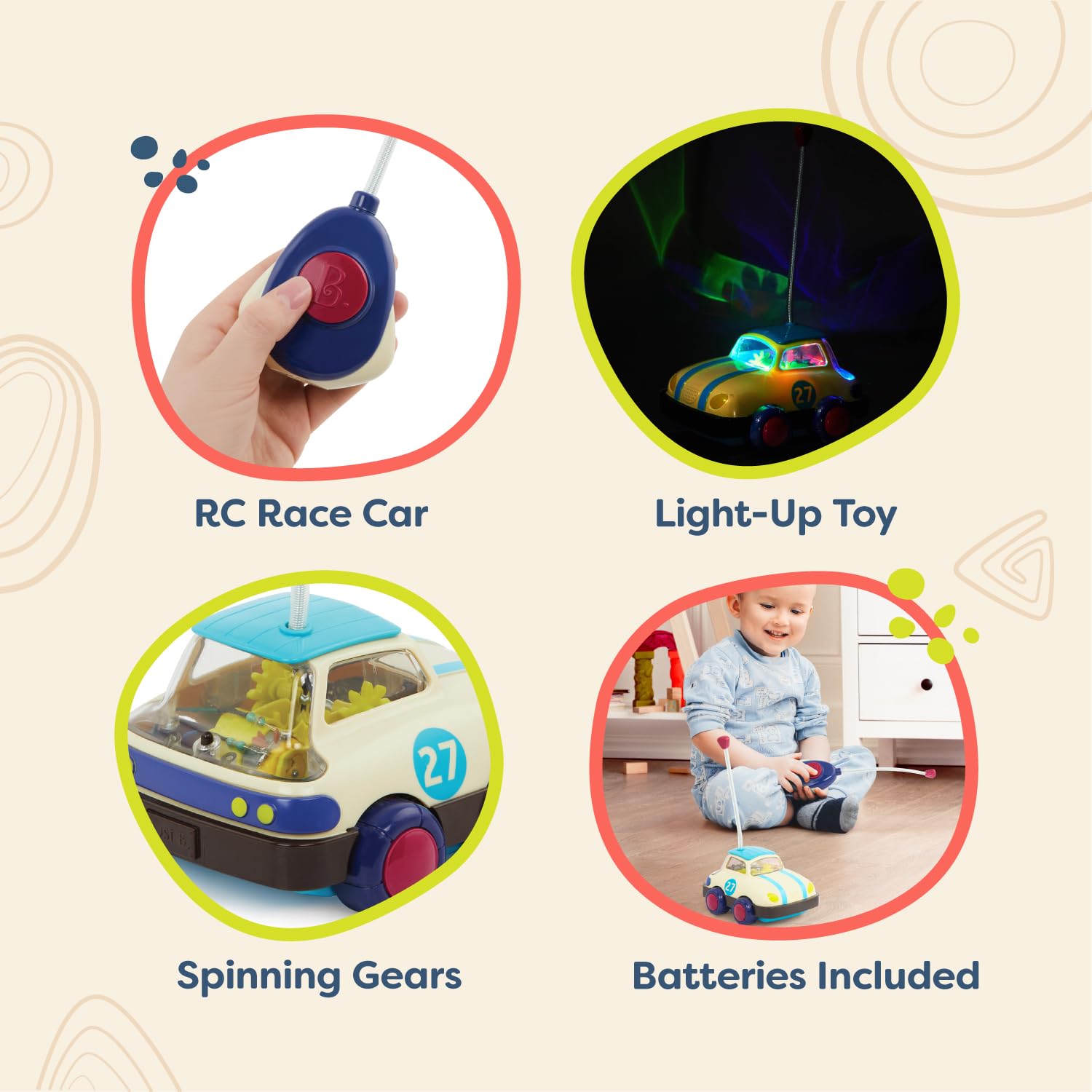 B. toys- Rally Ripster-Remote Control Car – RC Car for Toddlers, Kids – Light-Up Toy Car – Toy Vehicle – 12 Months +