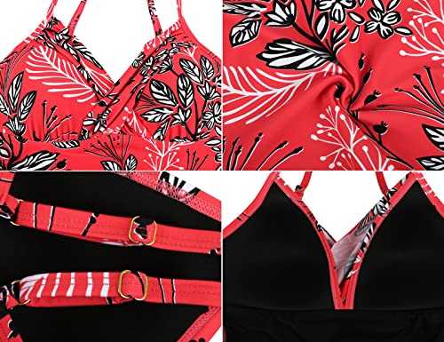 coastal rose Womens Swim Top Ruched Tummy Control Tankini Top Front Cross V Neck Bathing Suit Tops Only US14 Red Floral
