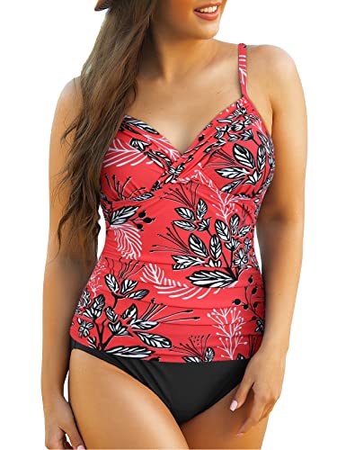 coastal rose Womens Swim Top Ruched Tummy Control Tankini Top Front Cross V Neck Bathing Suit Tops Only US14 Red Floral