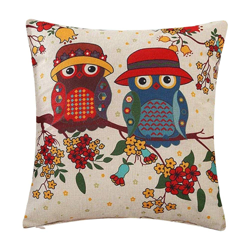 Bursonvic Cartoon Pattern Throw Pillow Case Cushion Cover Square Home Farmhouse/Modern Decorative Cotton Linen Pillowcase for Sofa/Bench/Couch (Owl Old Couple, 18" x 18")