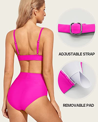 Ewedoos High Waisted Bikini Sets for Women V Neck Two Piece Swimsuit for Women Bathing Suit for Women 2 Piece Bikini Hot Pink