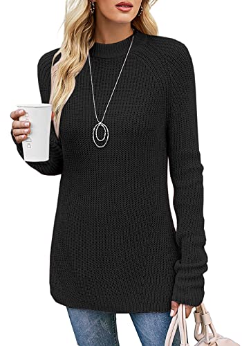 NIUBIA Womens Long Sleeve Crew Neck Cozy Knit Raglan Tunic Sweaters Casual Loose Tops Black