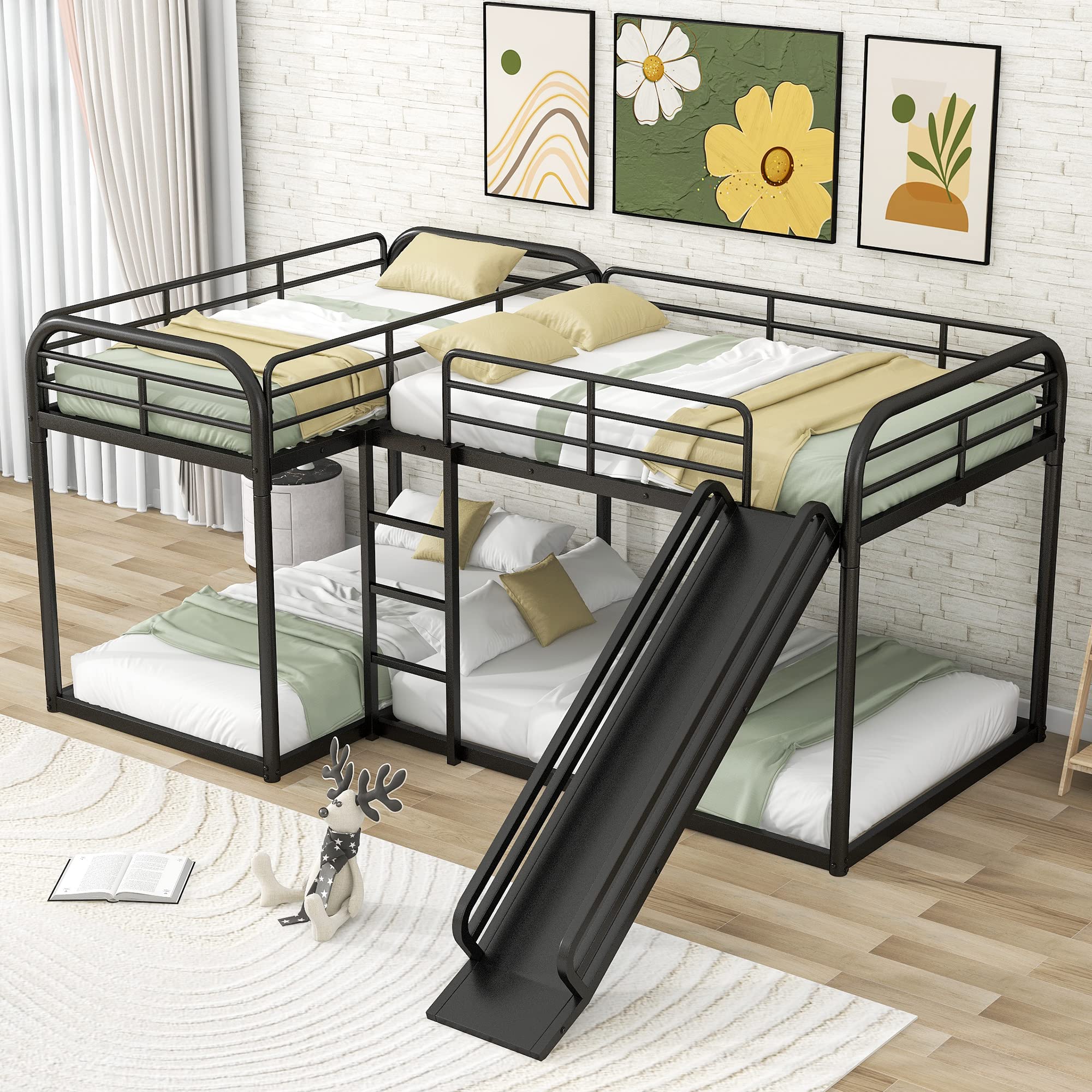 Quarte Modern Metal L-Shaped Bunk Bed with Slide and Short Ladder,Full and Twin Size Bunk Bed with Guardrails,for Kids Toddler Boys Girls Teens Adults Bedroom Use (Black@Q)