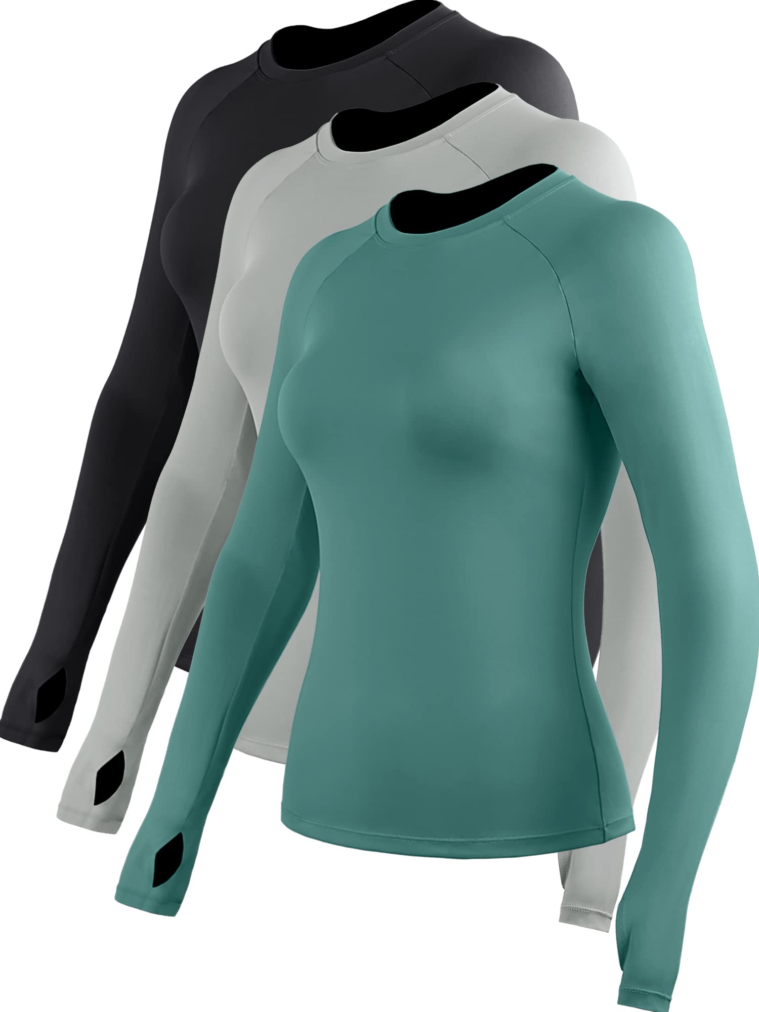 CADMUS Women's 3 Pack Compression Shirts Long Sleeve Yoga Athletic Running T Shirt,Black, Grey, Dark Green,X-Large