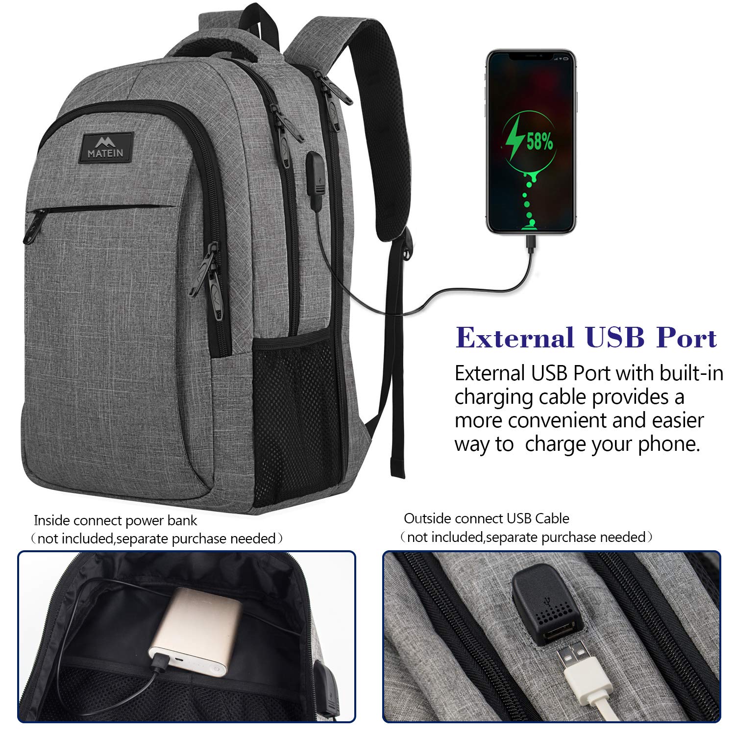 MATEIN 17 Inch Travel Laptop Backpack, Extra Large Business Backpack with USB Charging Port, Water-Resistant Computer Bag Daypack for Men Women Work Anti-Theft College Backpack, Grey