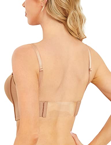 Wingslove Women's Deep Plunge Strapless Bra Multiway Push up Low-Cut Wireless Bras Red Carpet Convertible Clear Back(Brown,36B)