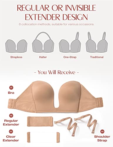 Wingslove Women's Deep Plunge Strapless Bra Multiway Push up Low-Cut Wireless Bras Red Carpet Convertible Clear Back(Brown,36B)