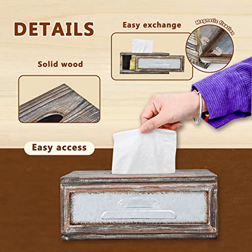 Rectangular Tissue Box Cover Rustic Wooden Tissue Box Cover Farmhouse Facial Tissue Box Holder Distressed Wood Tissues Napkin Box with Magnet Design for Bathroom Bedroom Dinner Table Office Home Decor