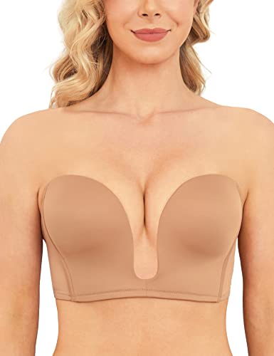 Wingslove Women's Deep Plunge Strapless Bra Multiway Push up Low-Cut Wireless Bras Red Carpet Convertible Clear Back（Brown,36B）