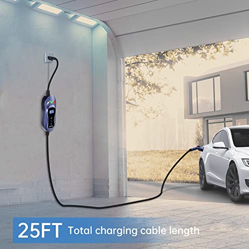 MUSTART Level 1 and Level 2 Portable EV Charger (16 Amp Adjustable, 100-240V, 25ft Cable). NEMA 6-20 Plug with NEMA 5-15 Adapter Electric Vehicle Charger