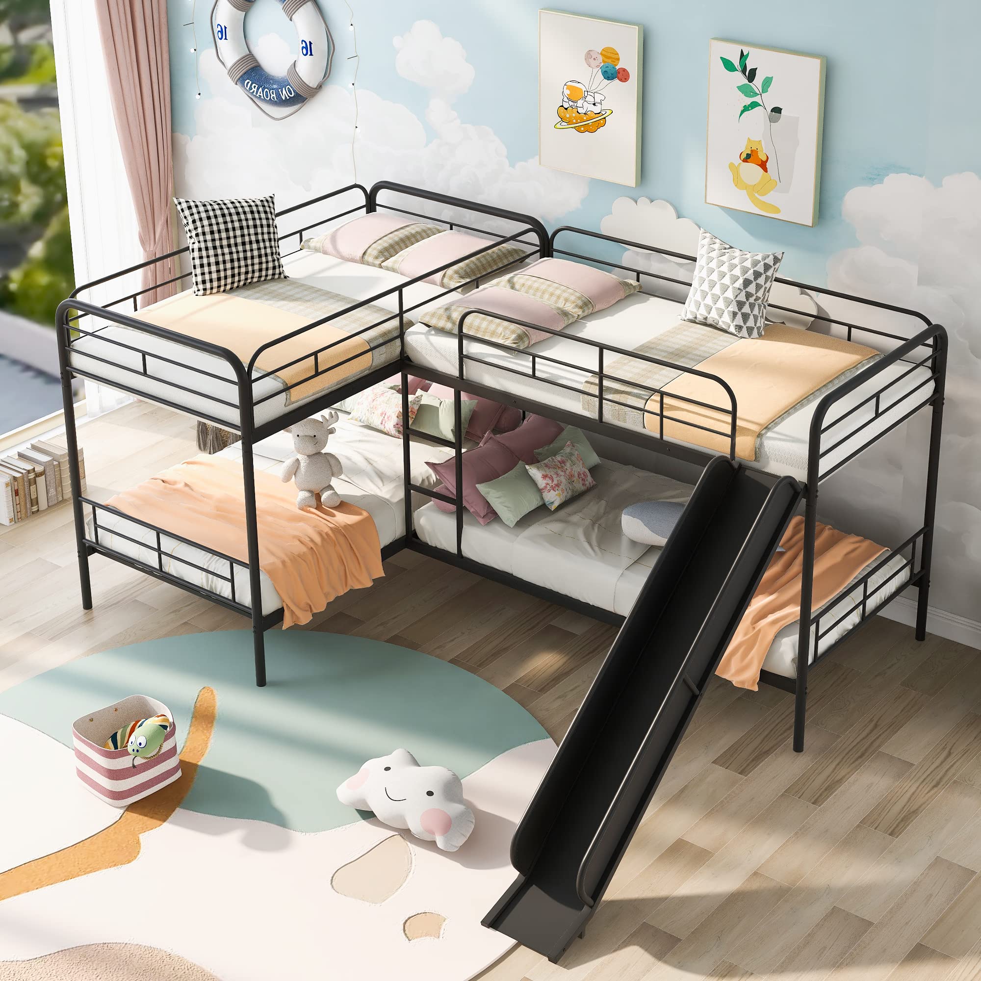 Rhomtree Twin Size L-Shaped Metal Corner Bunk Bed with Ladder and Slide, Space Saving & Easy Assembly, 4 Beds in 1 (Black)