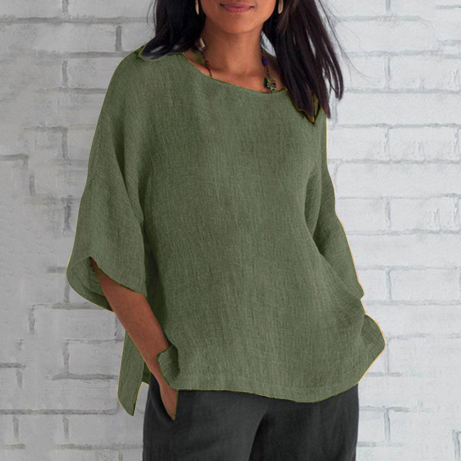 DASAYO Women's Round Neck Cotton Linen Top Shirt Plain Loose Fit 3/4 Sleeve Casual t-Shirts Tops Retro Summer Beach Shirts