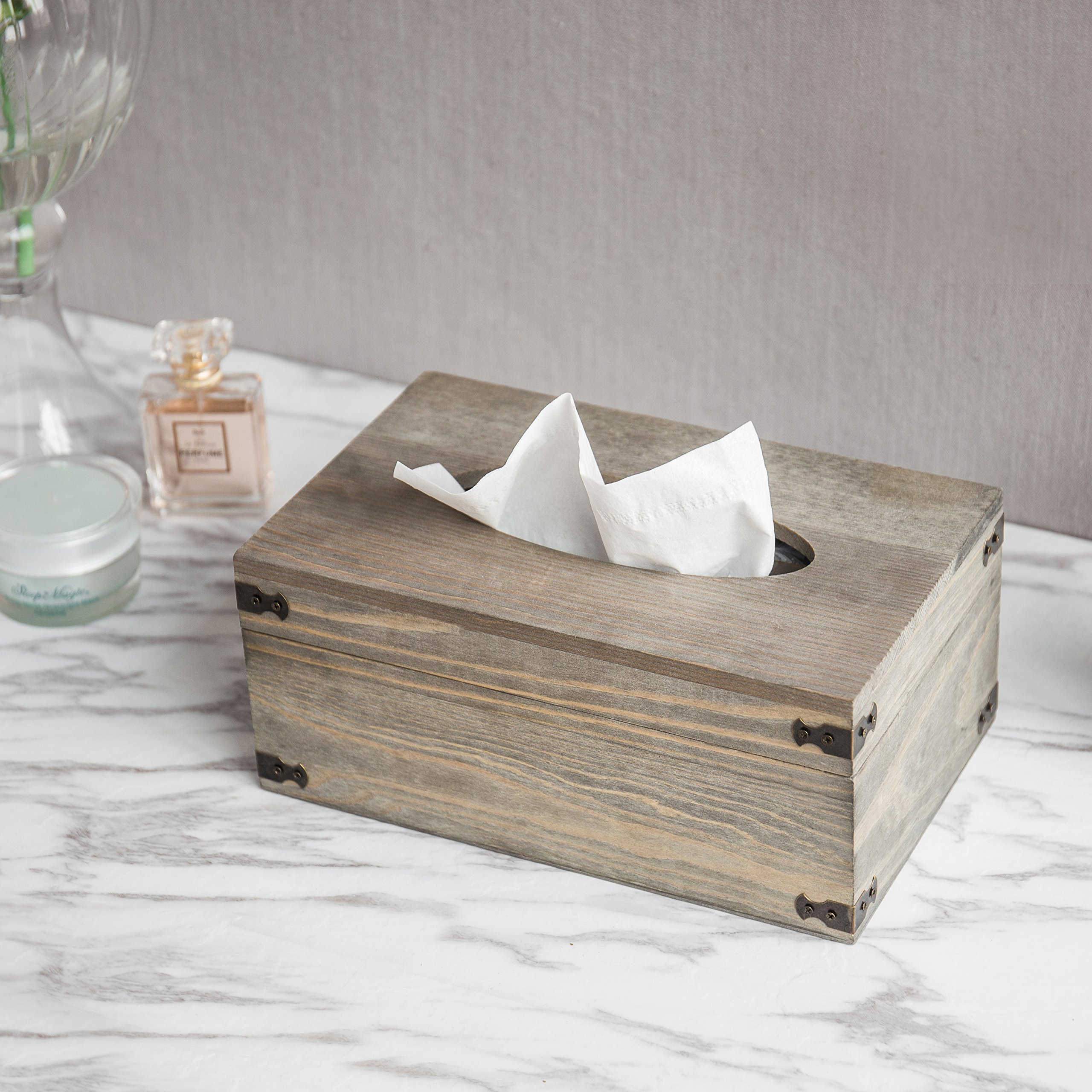 MyGift Rustic Gray Solid Wood Tissue Box Holder Rectangular Cover, Decorative Bathroom Facial Tissue Box Holder with Hinged Lid