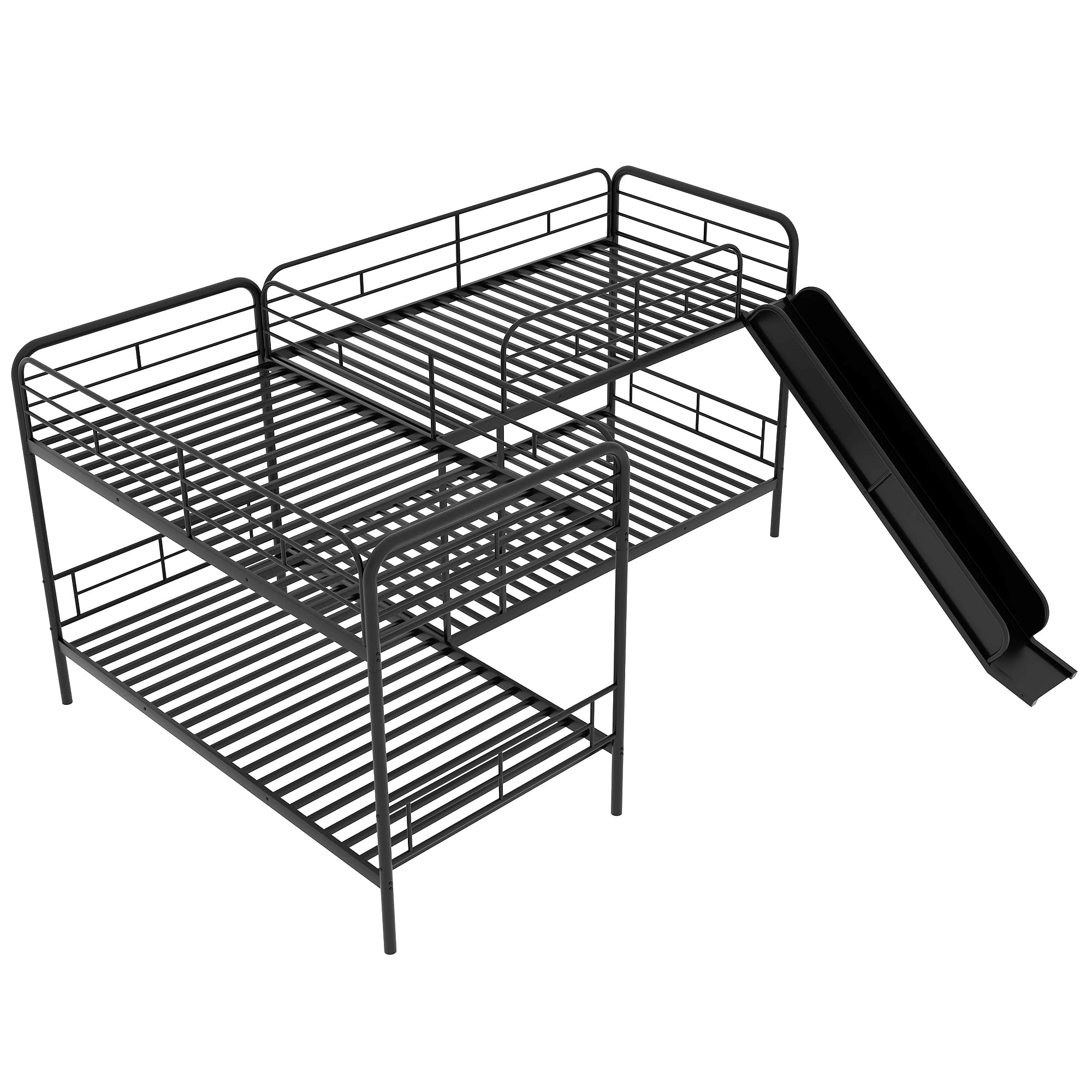Rhomtree Twin Size L-Shaped Metal Corner Bunk Bed with Ladder and Slide, Space Saving & Easy Assembly, 4 Beds in 1 (Black)