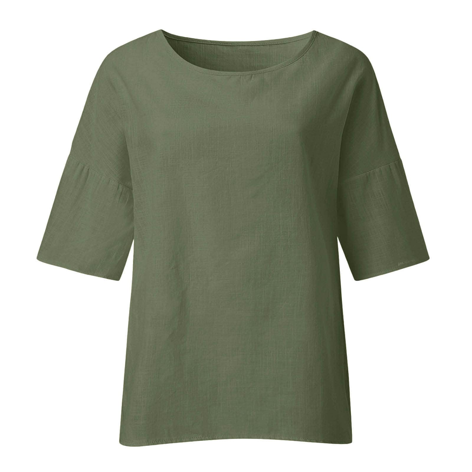 DASAYO Women's Round Neck Cotton Linen Top Shirt Plain Loose Fit 3/4 Sleeve Casual t-Shirts Tops Retro Summer Beach Shirts