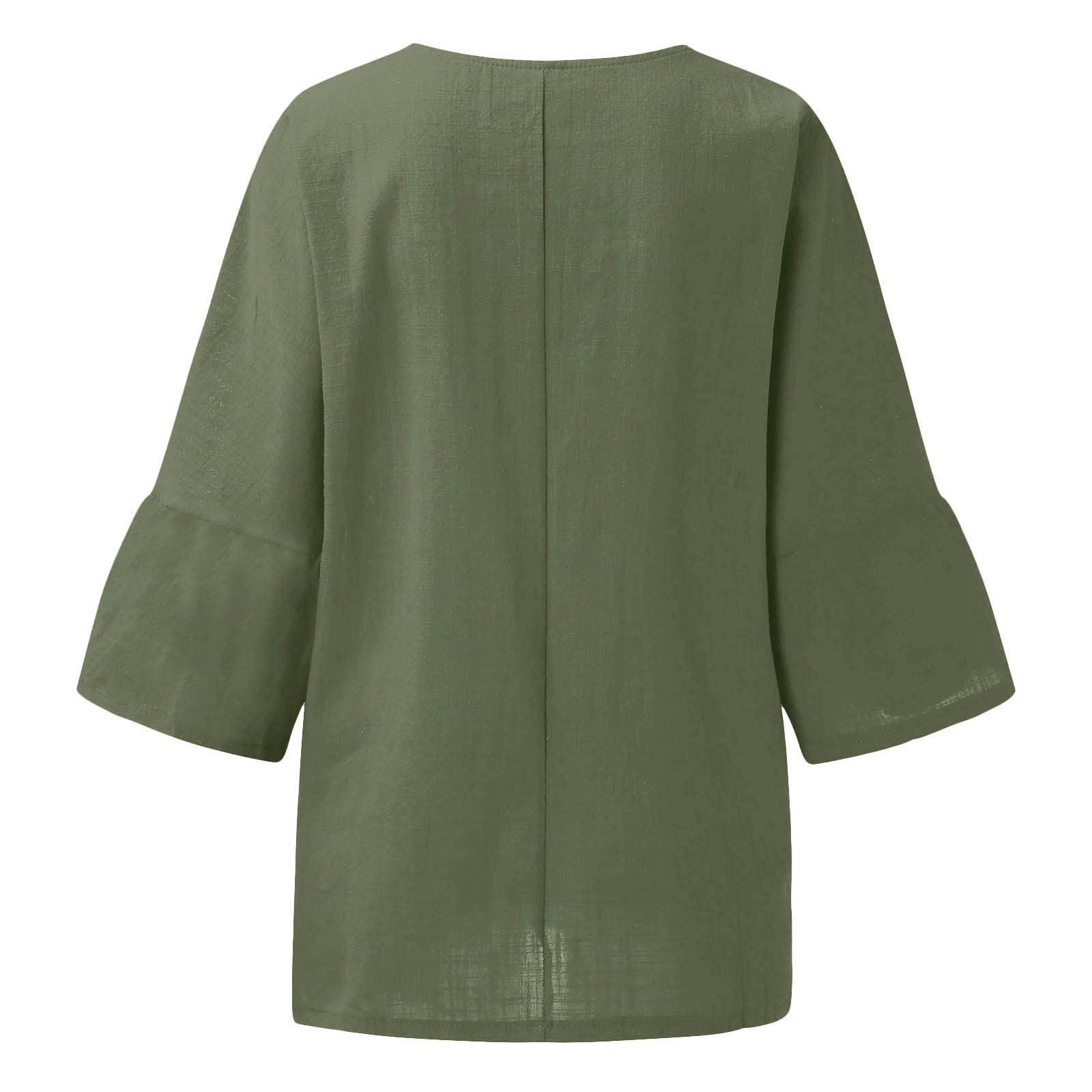 DASAYO Women's Round Neck Cotton Linen Top Shirt Plain Loose Fit 3/4 Sleeve Casual t-Shirts Tops Retro Summer Beach Shirts