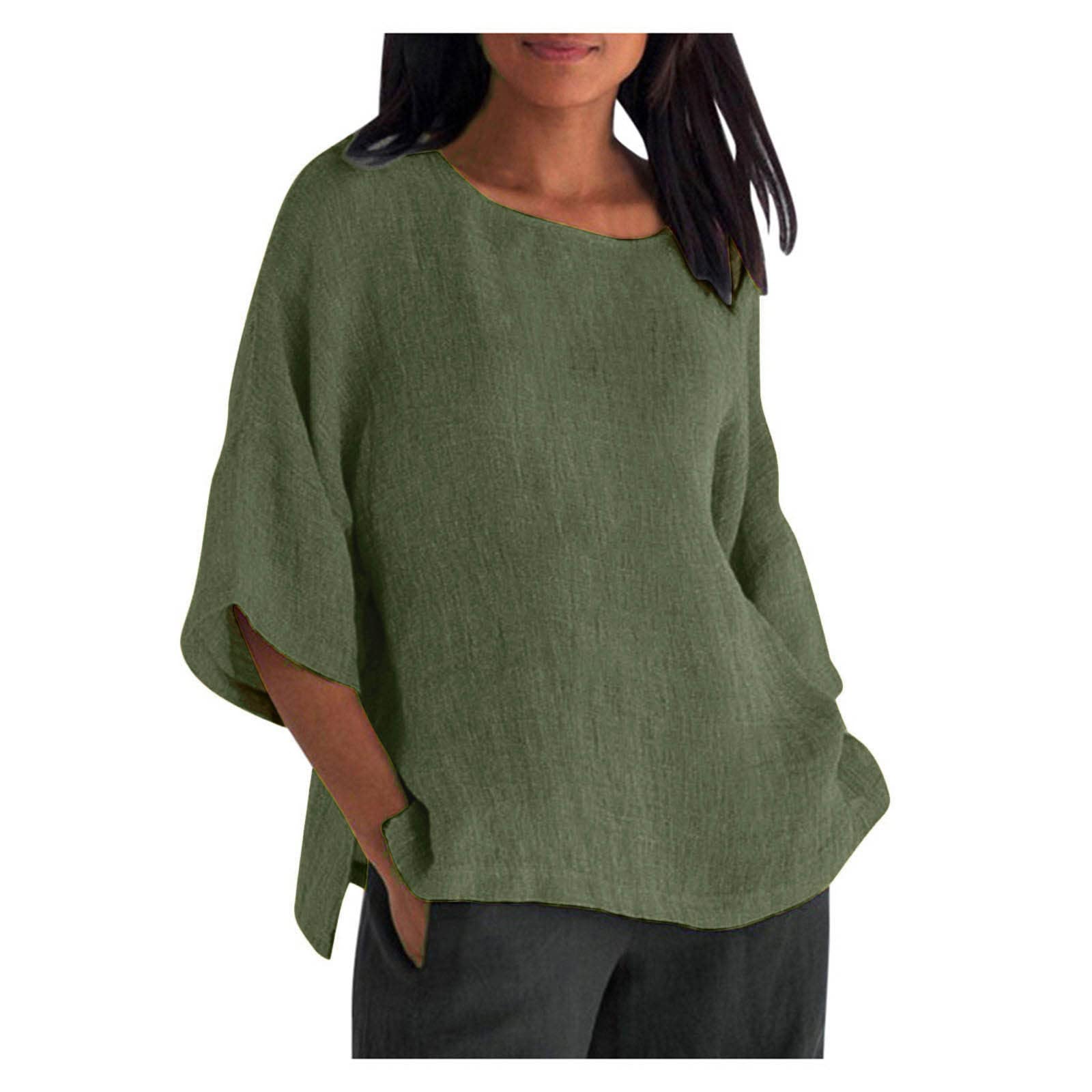 DASAYO Women's Round Neck Cotton Linen Top Shirt Plain Loose Fit 3/4 Sleeve Casual t-Shirts Tops Retro Summer Beach Shirts