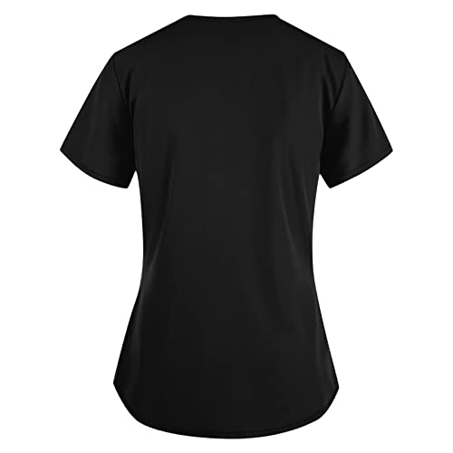 Scrubs for Women,2023 Causal V Neck Short Sleeve Medical Top Lightweight Nursing Uniform Solid Stretch Soft Wrinkle Free Workwear Multiple Pockets Jogger Shirt Athletic Tee(A-Black,S)