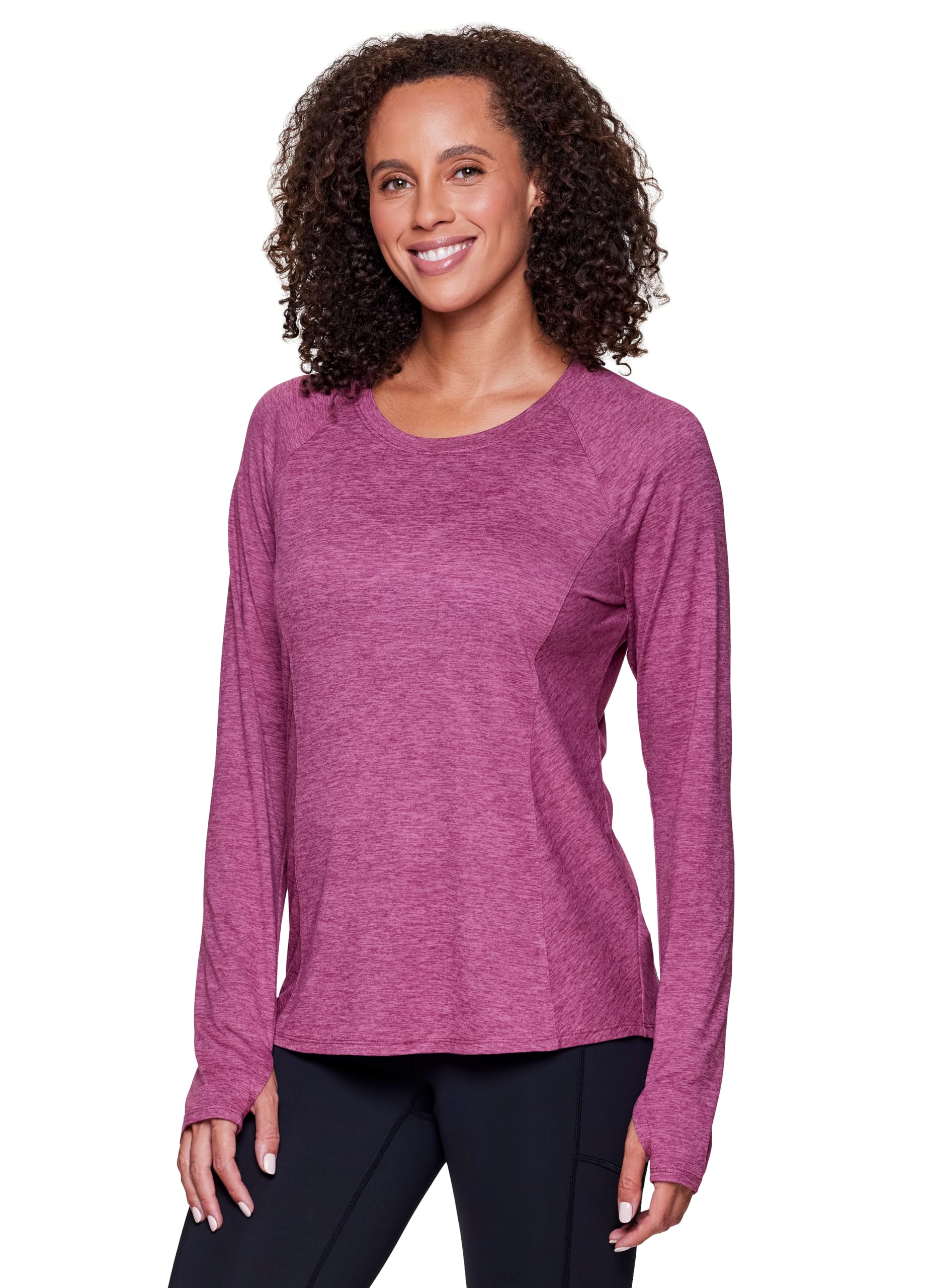 RBX Activewear Long Sleeve Running Top for Women, Lightweight Space Dye Buttery Soft Yoga Tee with Thumbholes Heathered Berry Wine M
