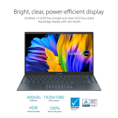 ASUS ZenBook 13 Ultra-Slim Laptop, 13.3β OLED NanoEdge, Intel Evo Platform i7-1165G7, 16GB, 512GB SSD, NumberPad, Thunderbolt 4, Wi-Fi 6, Windows 11 Pro, AI Noise-Cancellation, Pine Grey, UX325EA-XH74