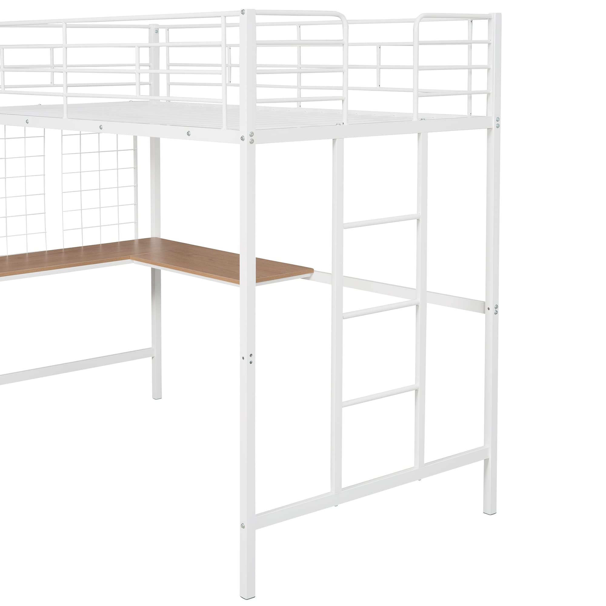 BIADNBZ Metal Twin Loft Bed with L Shaped Desk and Metal Grid, High Beframe for Juniors Adults w/Full-Length Guardrail & Ladders, Space-Saving, No Box Spring Needed, White