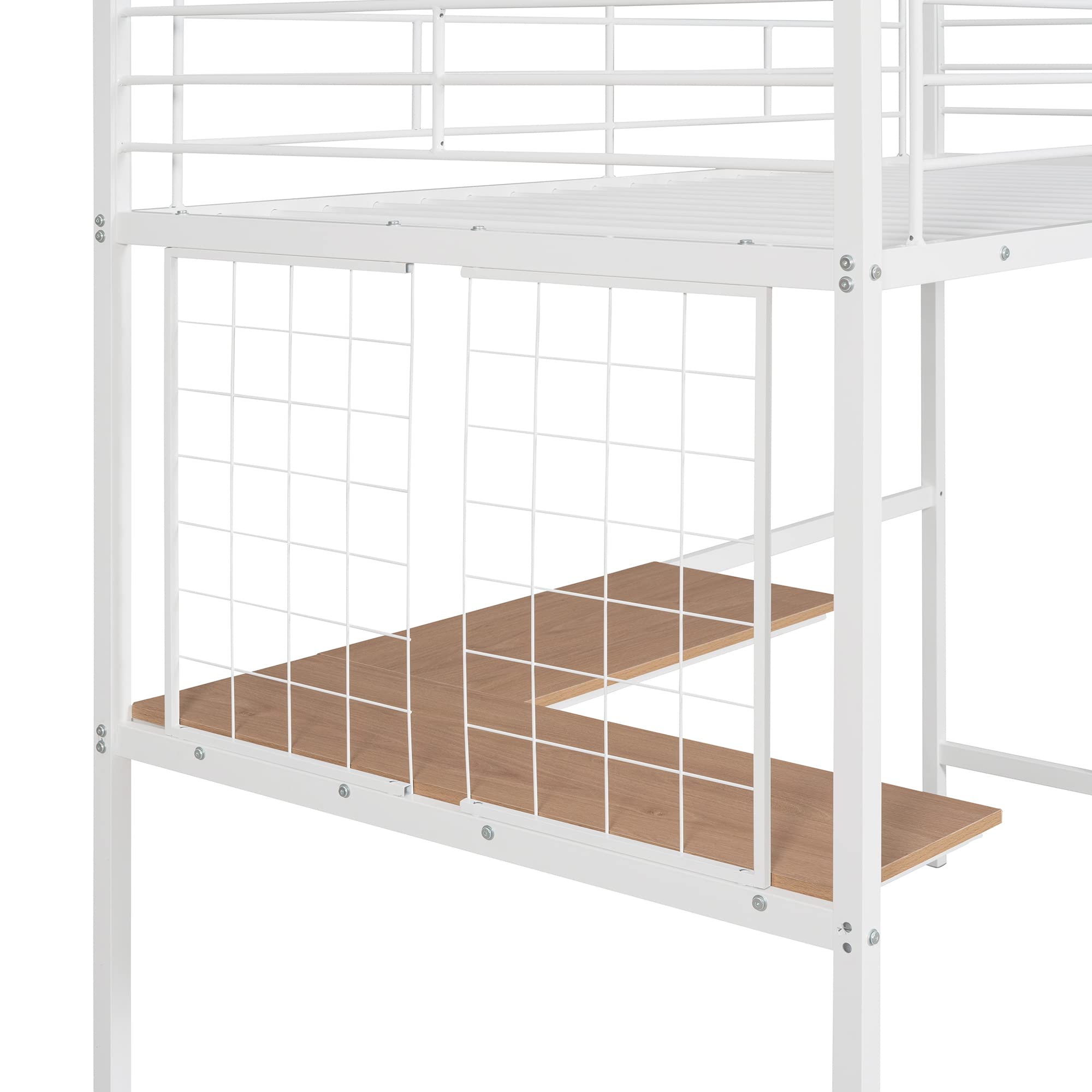 BIADNBZ Metal Twin Loft Bed with L Shaped Desk and Metal Grid, High Beframe for Juniors Adults w/Full-Length Guardrail & Ladders, Space-Saving, No Box Spring Needed, White