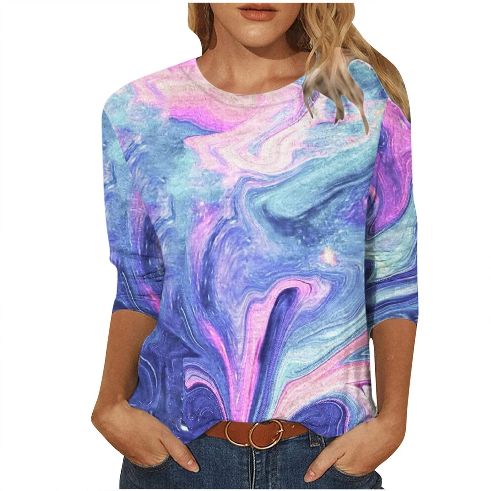 Country Concert Tops For Women 2024 Spring Tops Trendy 3/4 Sleeve Graphic Tees Casual Loose Basic t-Shirt Marble Print Shirt Blouse