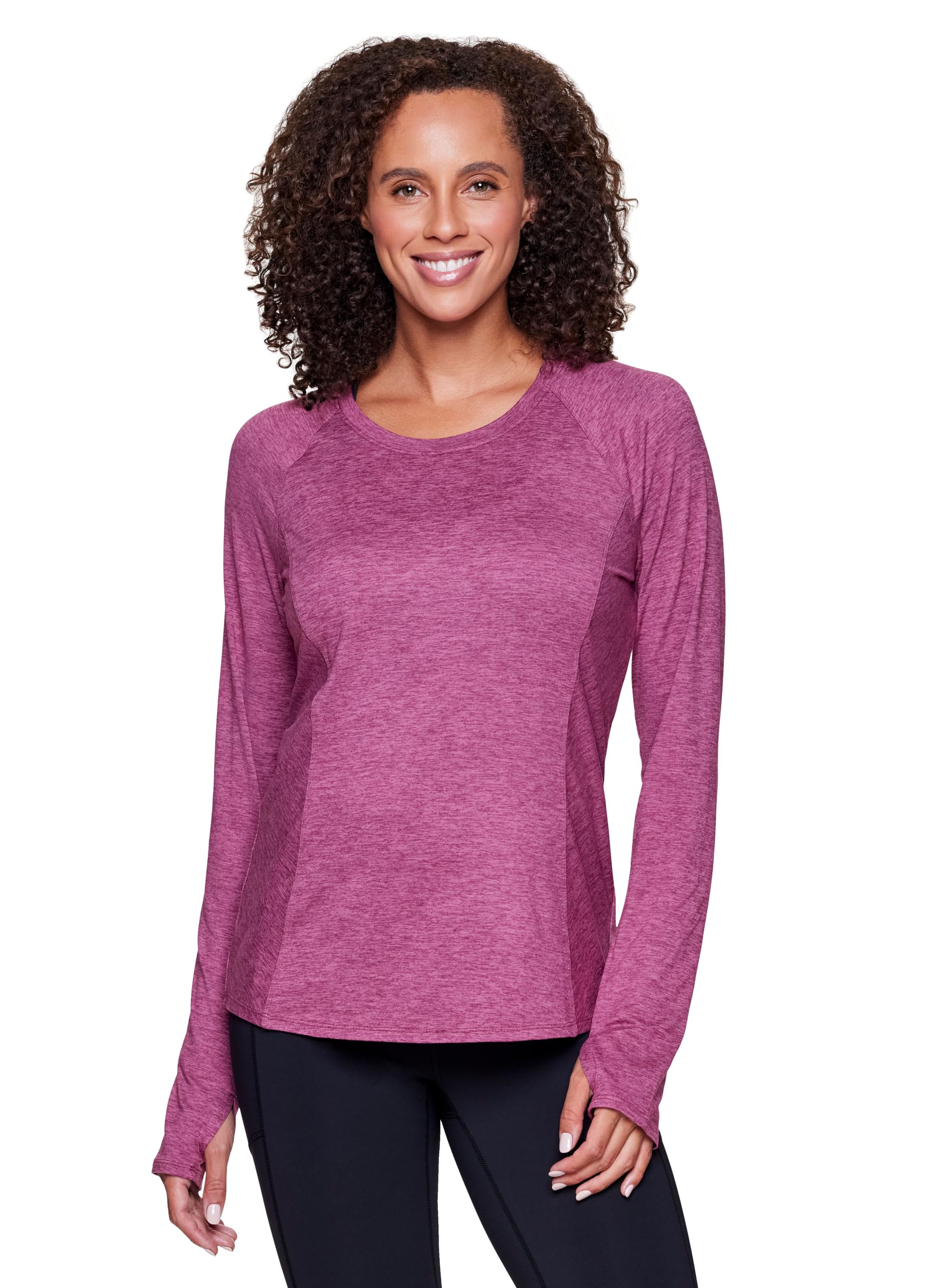 RBX Activewear Long Sleeve Running Top for Women, Lightweight Space Dye Buttery Soft Yoga Tee with Thumbholes Heathered Berry Wine M