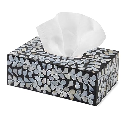 PEMAR Rectangular Mother of Pearl Lacquer Nacre Wood Tissue Box Capiz Shell Handmade Rectangle Tissue Box Cover Holder Decorative Napkin Dispenser Organizer Rustic Farmhouse Vintage Decor (Black)