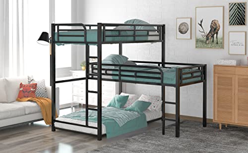 Gecheer L-Shaped Metal Triple Twin Size Bunk Bed, Black(Old SKU:SM000605AAB)