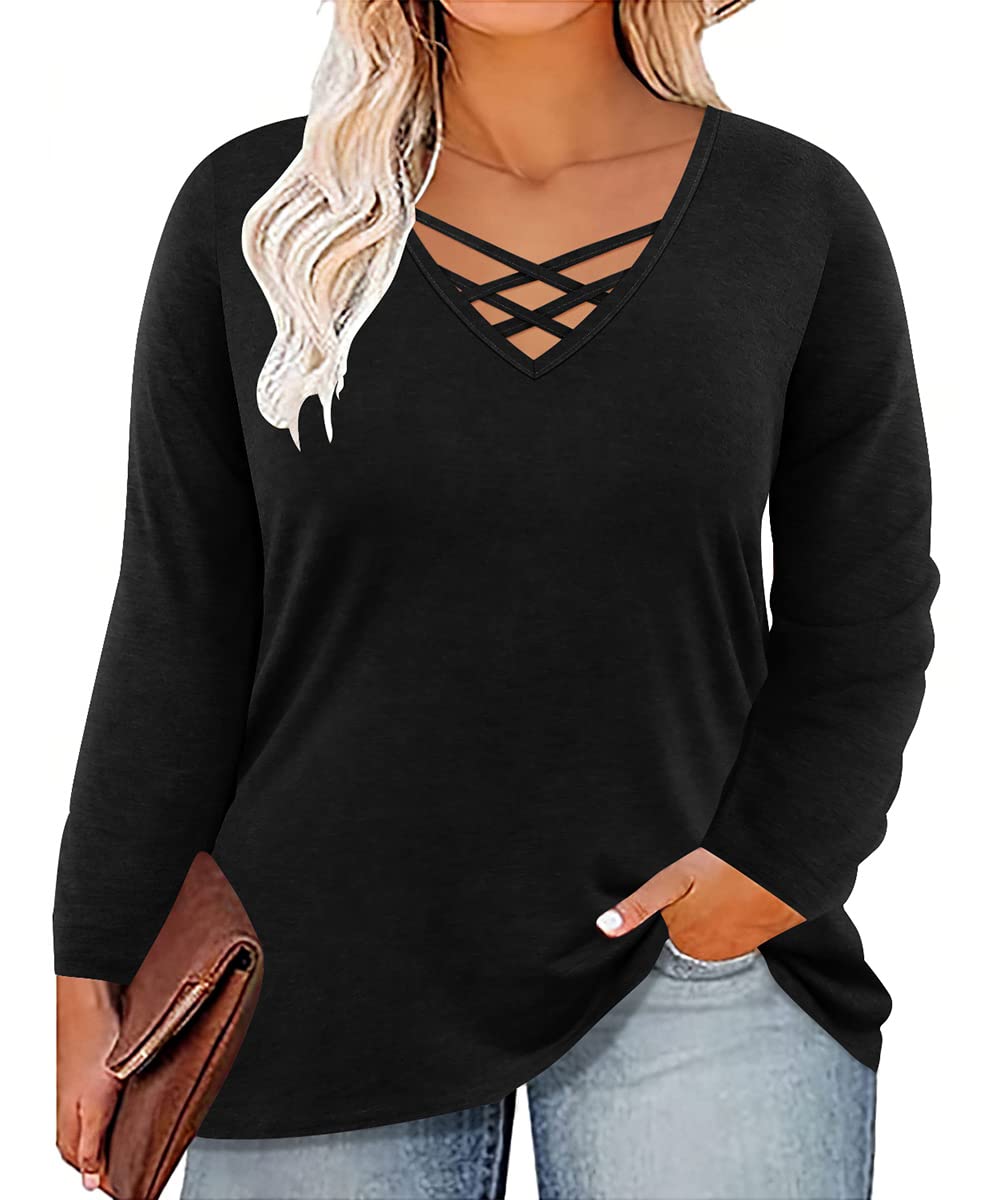 RITERA Womens Plus Size Black Shirts Long Sleeve Criss Cross Tops V Neck Solid Color Tunics Fall Winter Casual XL 16W 18W