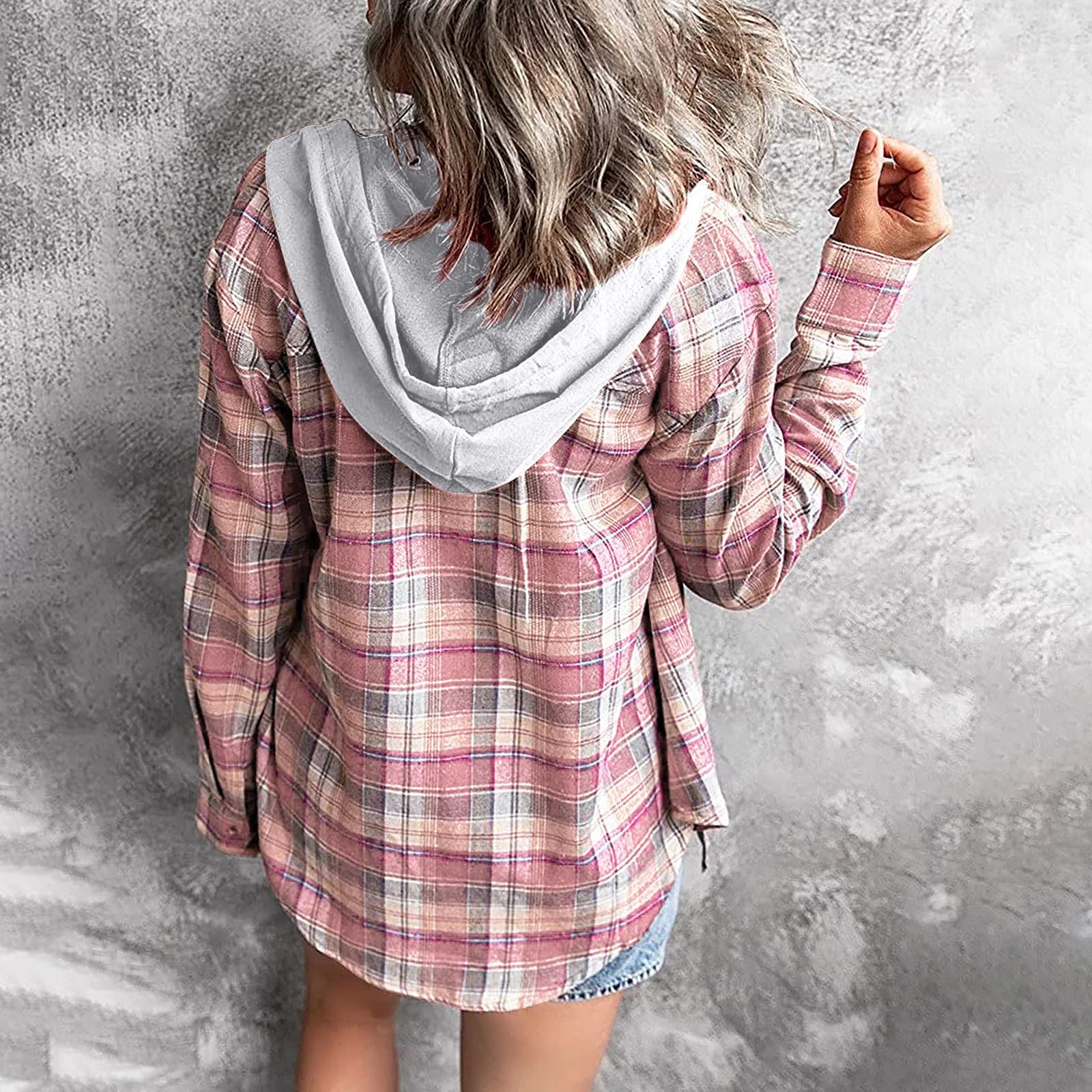 Jackets for Women 2023 Casual Long Plaid Print Shirts Long Sleeve Tops Open Front Button Down Hoodie Cardigan Lightweight Plus Size Coats Outerwear Fall Winter Clothes My Orders(B-Pink,XX-Large)