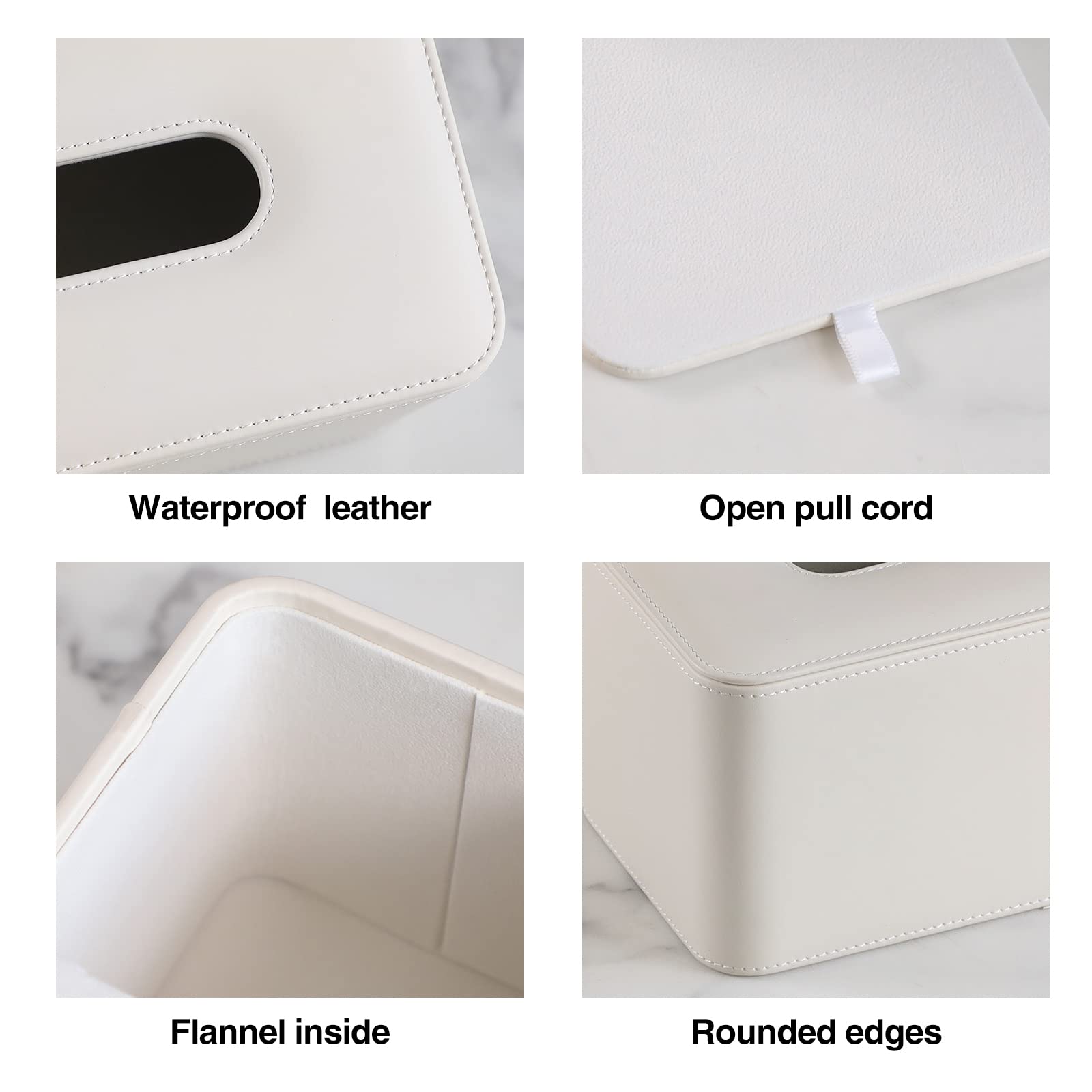 MEIBOOCH PU Leather Tissue Box Cover with Magnetic Closure, Square Rectangular Tissue Box Holder with Rounded Edges Design (Creamy White, Rectangular)