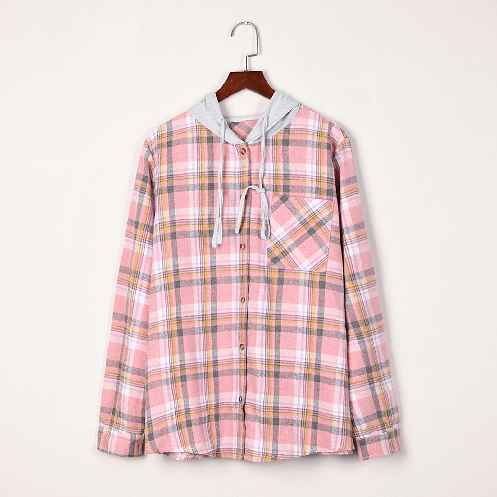 Jackets for Women 2023 Casual Long Plaid Print Shirts Long Sleeve Tops Open Front Button Down Hoodie Cardigan Lightweight Plus Size Coats Outerwear Fall Winter Clothes My Orders(B-Pink,XX-Large)