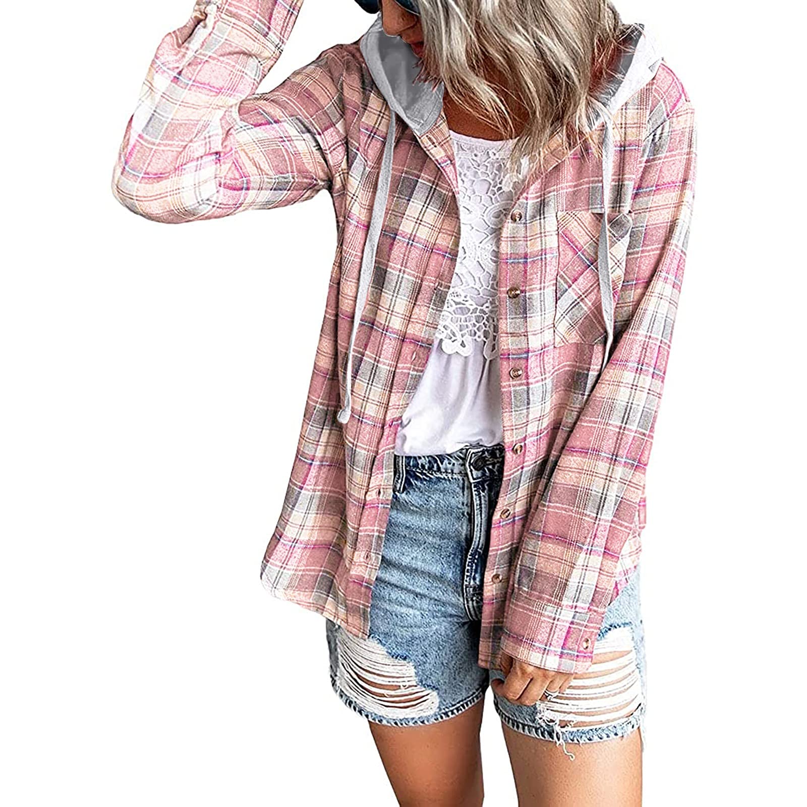 Jackets for Women 2023 Casual Long Plaid Print Shirts Long Sleeve Tops Open Front Button Down Hoodie Cardigan Lightweight Plus Size Coats Outerwear Fall Winter Clothes My Orders(B-Pink,XX-Large)