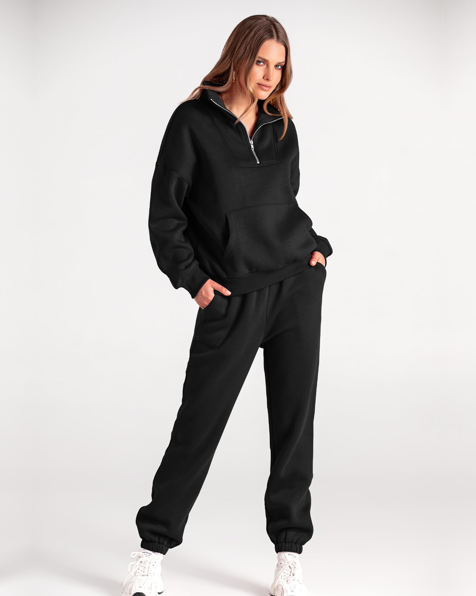 BTFBM Women 2 Piece Tracksuits Fall Winter 1/4 Zip Sweatshirt Jogger Pants Matching Lounge Sets Thick Sweatsuits Pockets(Solid Black, Large)
