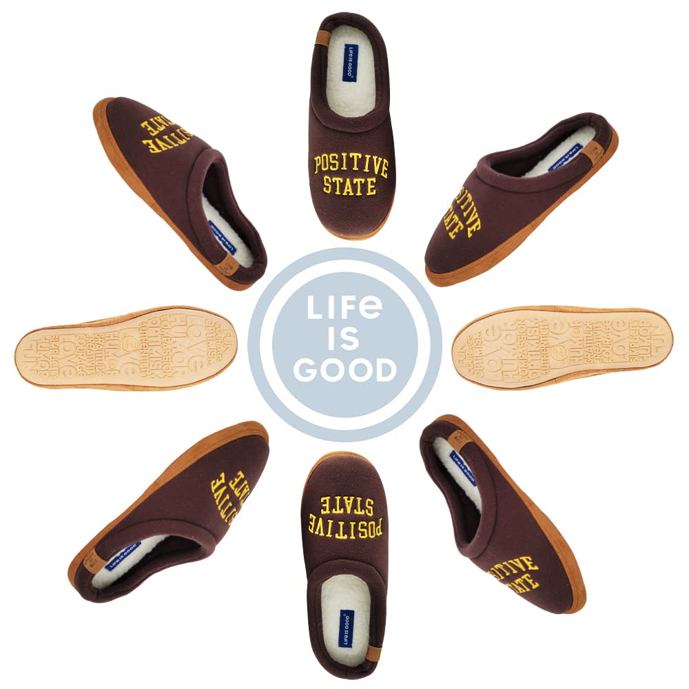 Life is Good Men's Open Back Fleece Slipper, 303593M - Suede & Fleece Indoor/Outdoor Plush & Cozy with Soft Foam & Rubber Sole Slippers, Dark Brown - Positive State, 10