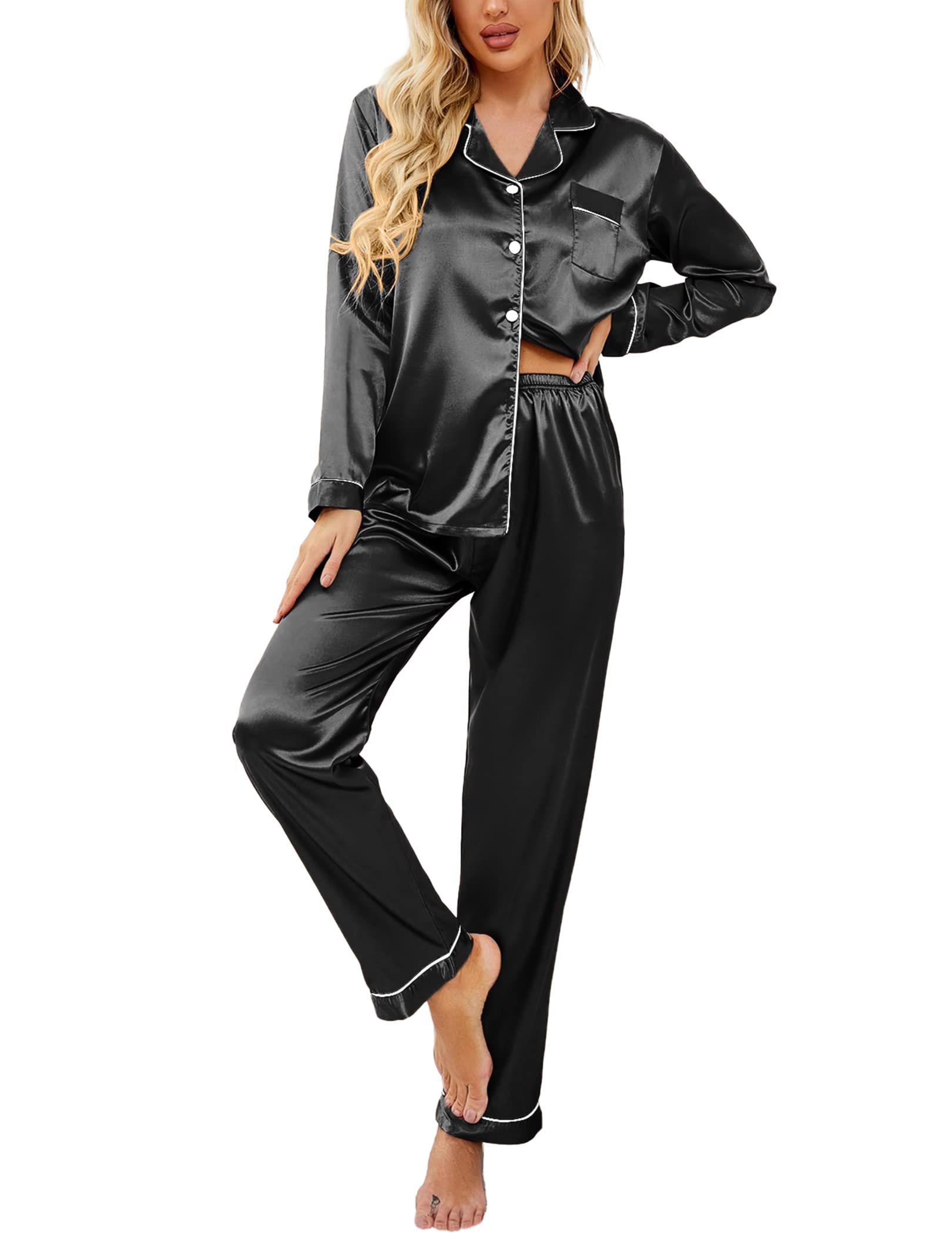Ekouaer Women's Classic Button Down Long Satin Silk Pajama Set,X-Large,Black