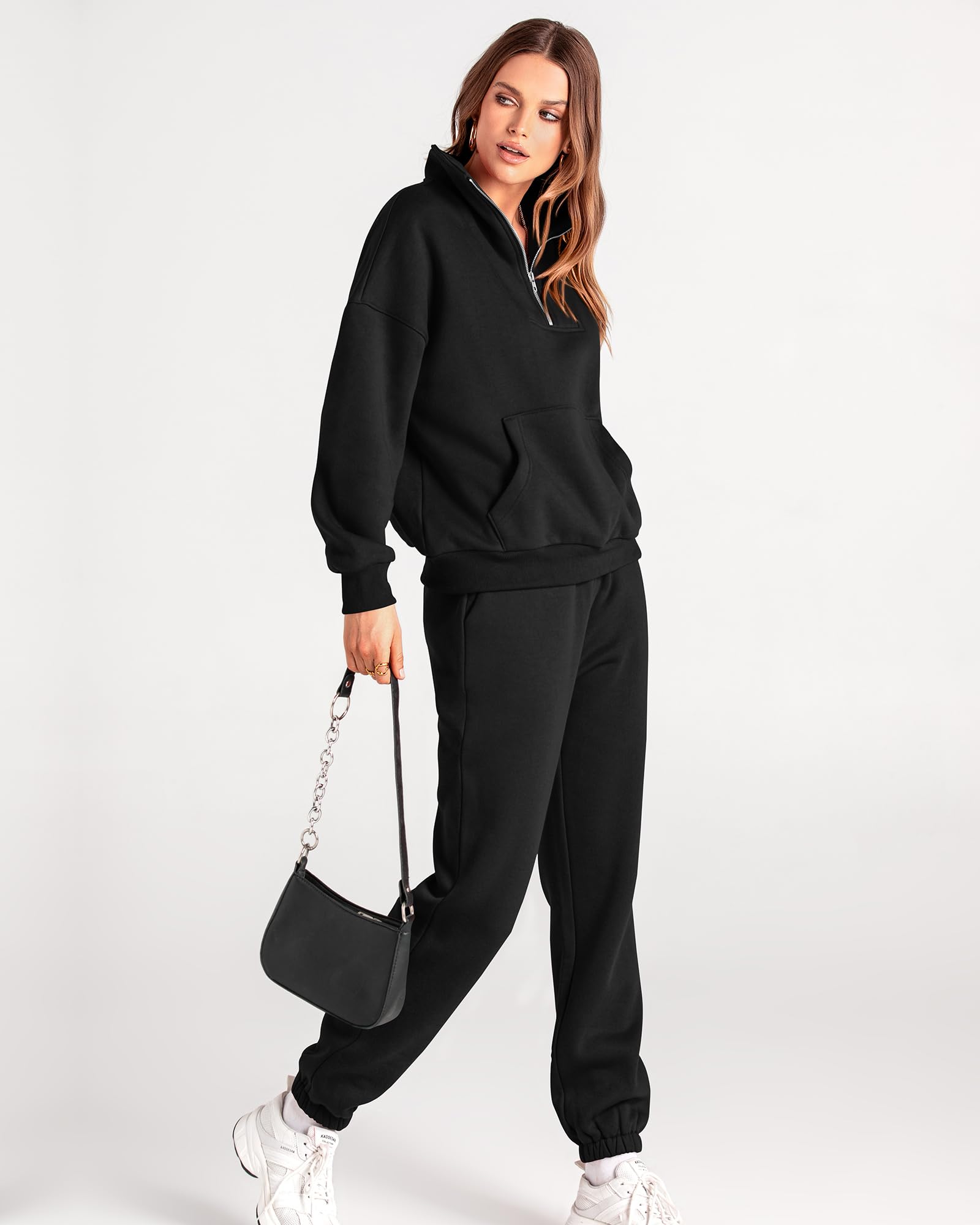 BTFBM Women 2 Piece Tracksuits Fall Winter 1/4 Zip Sweatshirt Jogger Pants Matching Lounge Sets Thick Sweatsuits Pockets(Solid Black, Large)