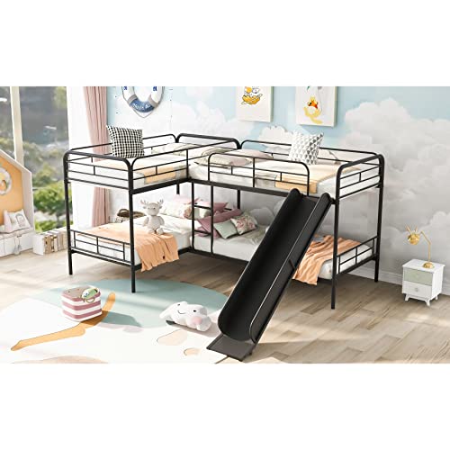 Metal Twin Size L-Shaped Bunk Bed with Slide and Ladder Quality Steel Slats Support Black Modern Contemporary Tv-Movie Character Hidden Storage Includes Hardware