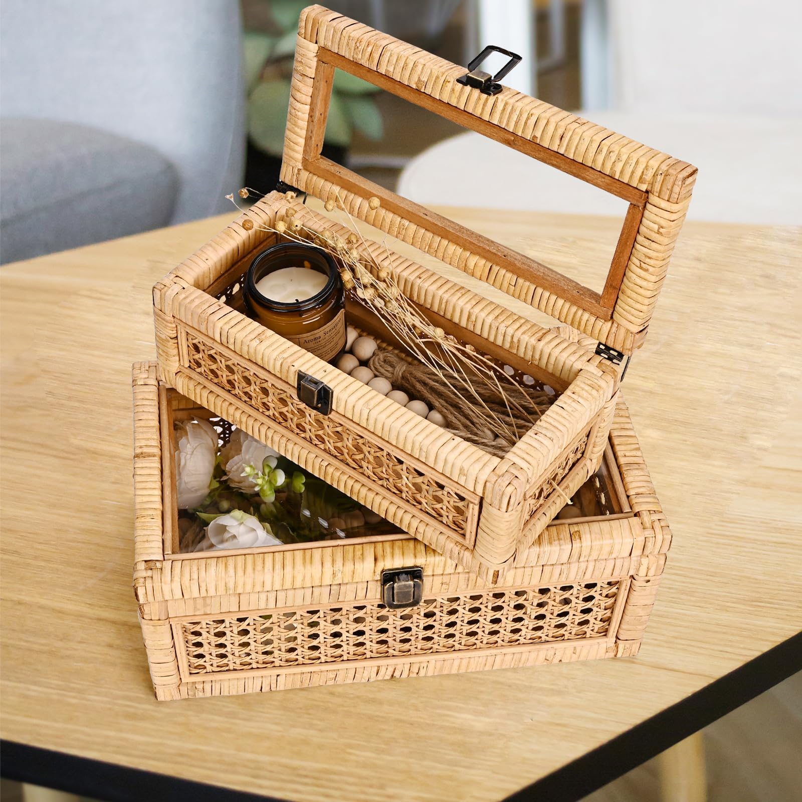 HUAXIN CRAFT H Rattan Decorative Box with Lid, Rectangular Woven with Glass for Display, Set of 2 Wicker for Decor