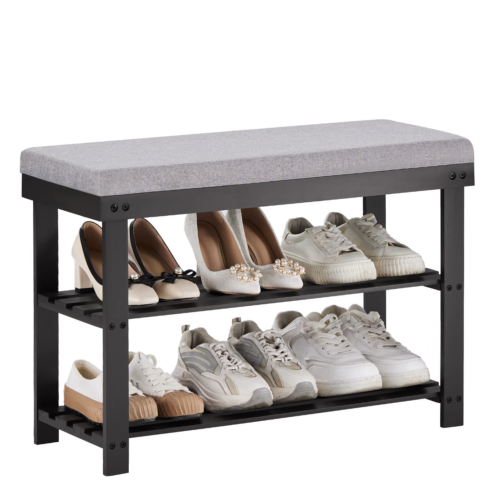 Apicizon 3-Tier Shoe Rack for Entryway, Bamboo Shoe Bench with Cushion Padded Seat, Small Shoe Organizer with Storage for Indoor Entrance Hallway Bedroom Living Room, Black