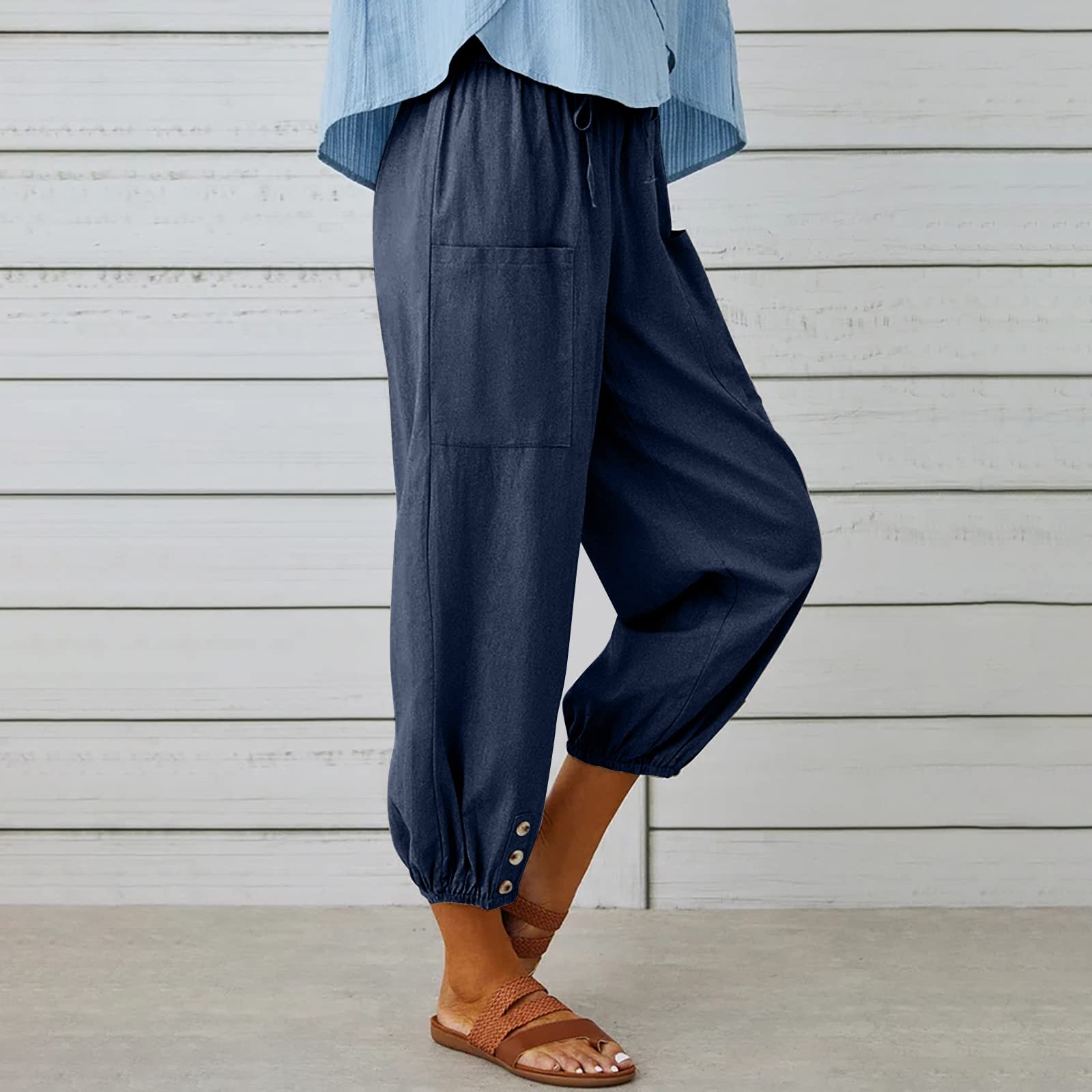 Womens Casual Capri Pants Elastic Waist Drawstring Summer Lounge Baggy Trousers Cinch Bottom Lantern Ankle Pants with Pockets