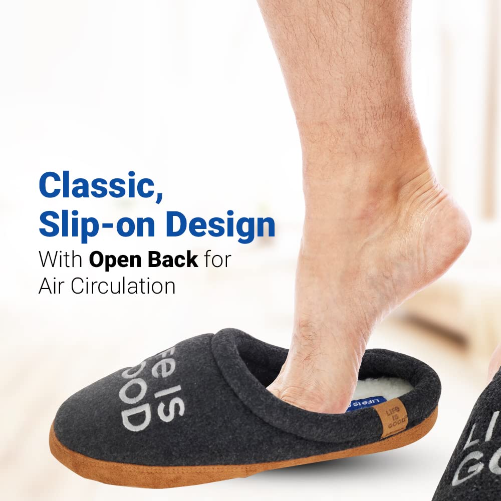 Life is Good Men's Open Back Fleece Slipper, 303593M - Suede & Fleece Indoor/Outdoor Plush & Cozy with Soft Foam & Rubber Sole Slippers, Dark Brown - Positive State, 10